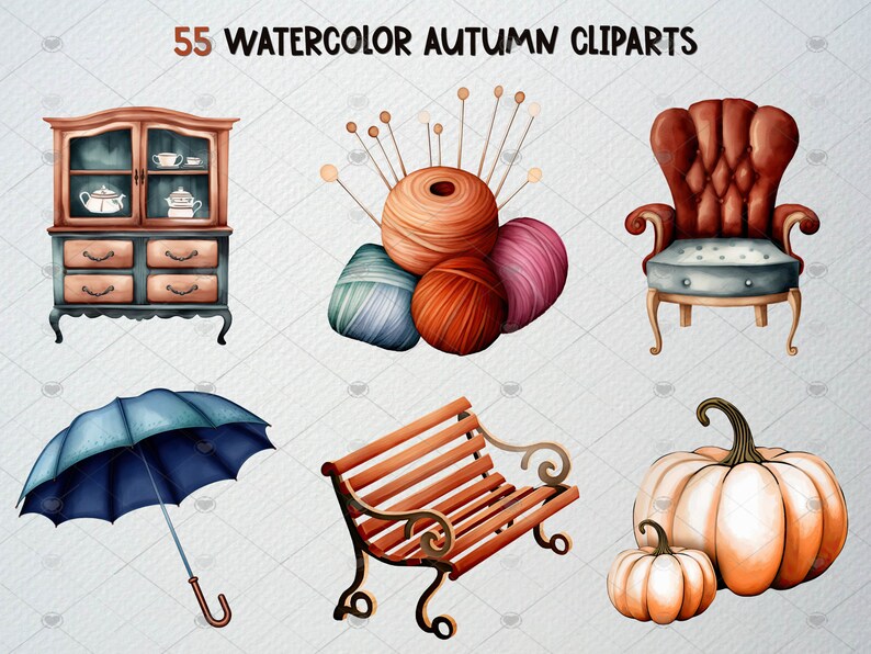 Watercolor Autumn Clipart Set of 55 PNG Files, Fall Clipart, Autumn Png ...