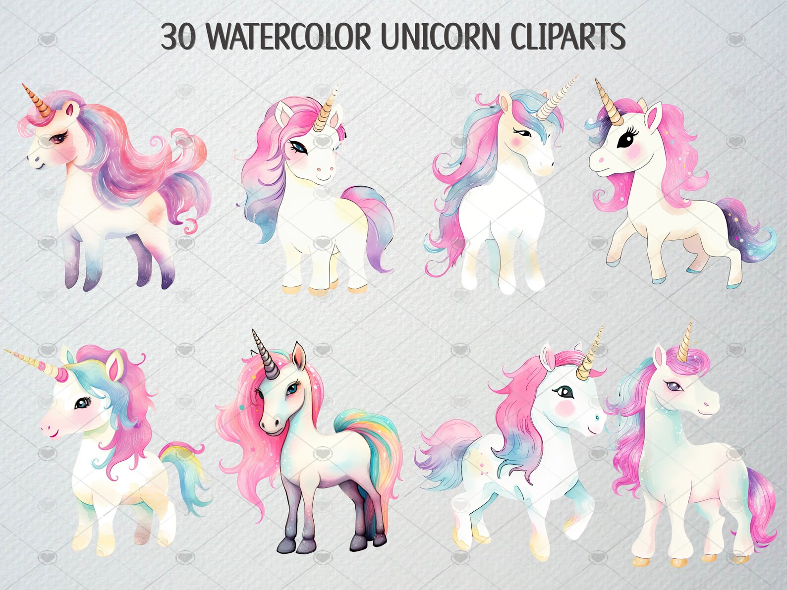 Watercolor Unicorn Clipart Set of 45 PNG Files, Baby Unicorn Clipart ...