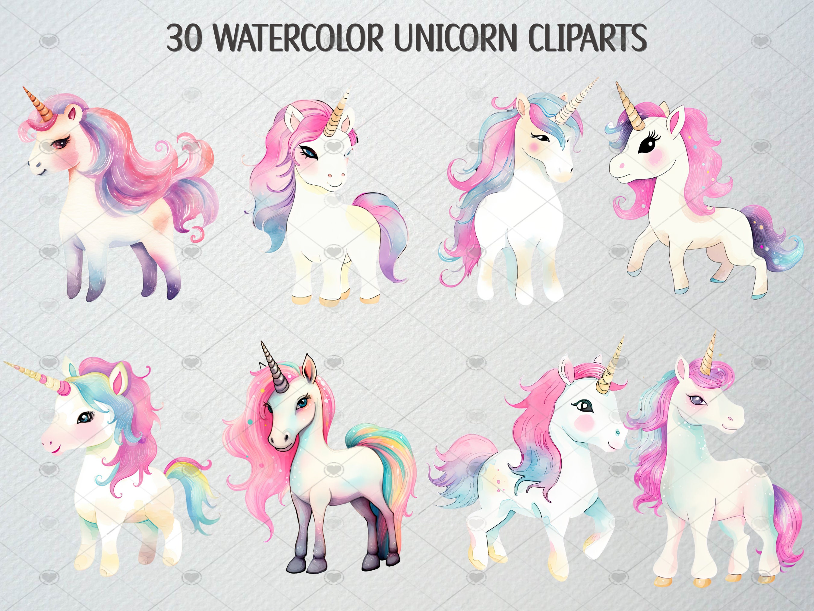 Watercolor Unicorn Clipart Set of 45 PNG Files, Baby Unicorn Clipart ...