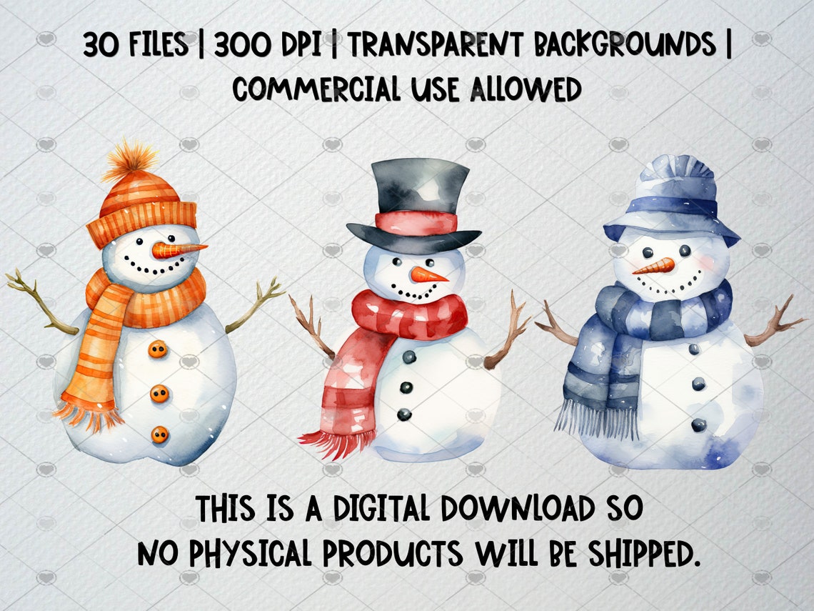 Watercolor Snowman Clipart Set of 30 PNG Files, Christmas Clipart ...
