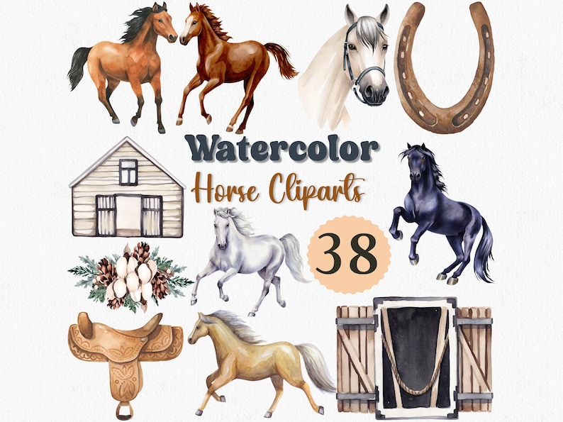 Watercolor Horse Clipart Set: Rustic Farm Animal Pngs (digital Download ...
