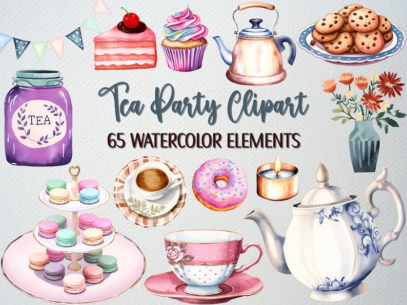 Watercolor Tea Party Clipart Set of 65 PNG Files, Teapot Clipart, Tea ...