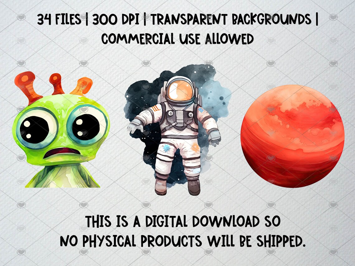 Watercolor Space Clipart Set of 34 PNG Files, Alien Clip Art, Moon ...