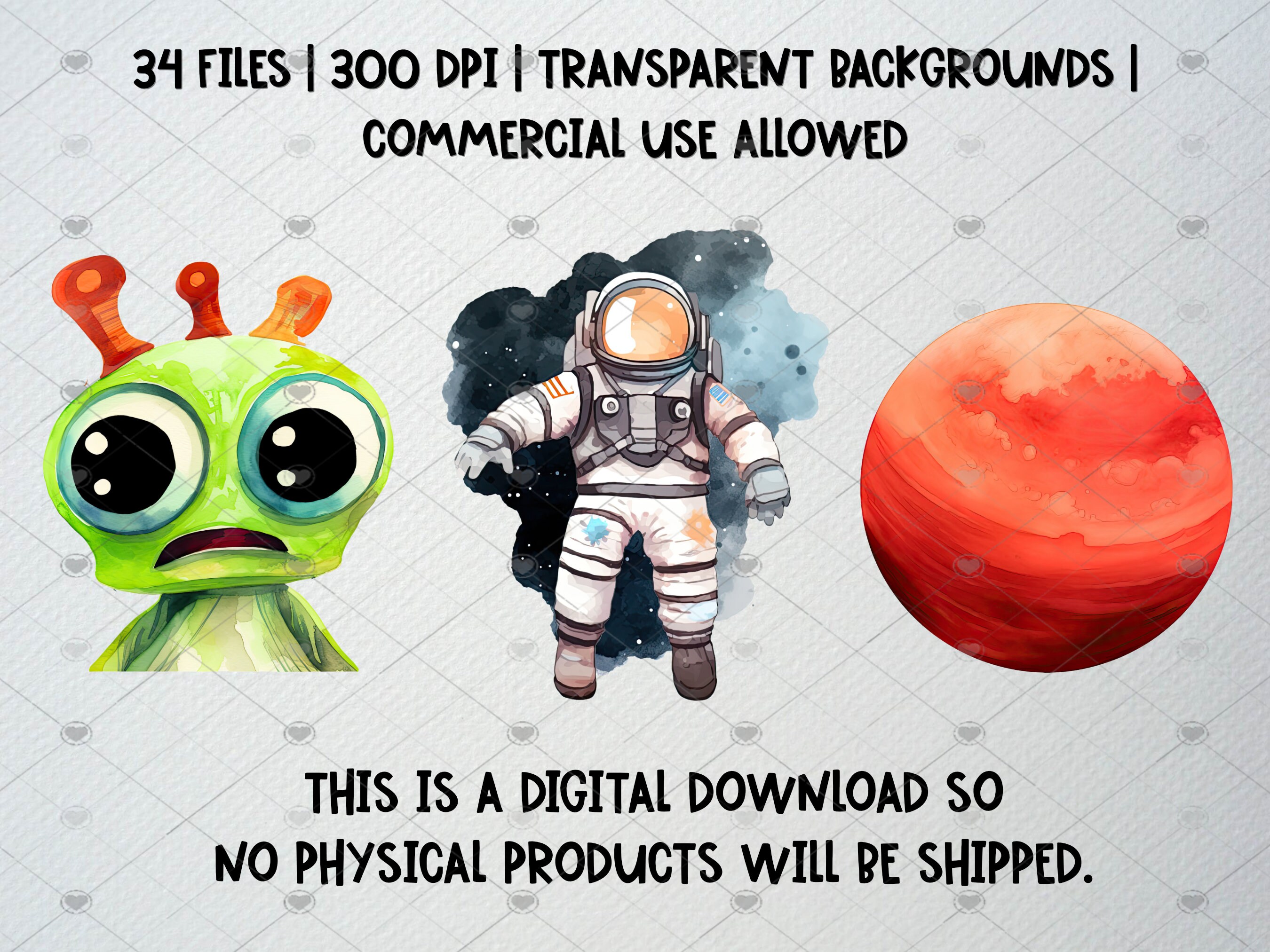 Watercolor Space Clipart Set of 34 PNG Files, Alien Clip Art, Moon ...
