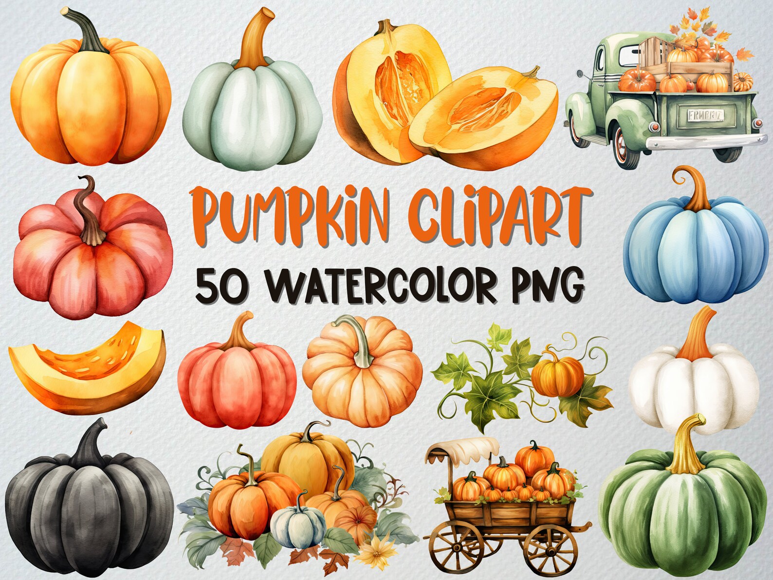 Watercolor Pumpkin Clipart Set of 50 PNG Files, Fall Clipart, Autumn ...