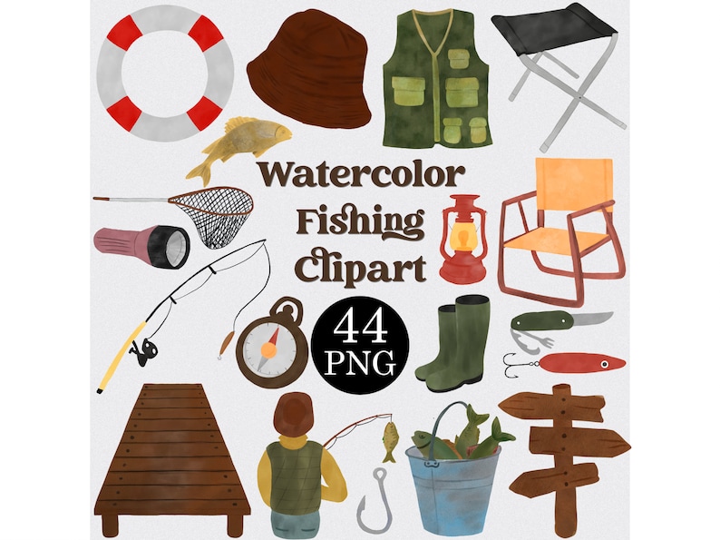 Watercolor Fishing Clipart Set: 44 PNG Graphics (commercial License) - Etsy