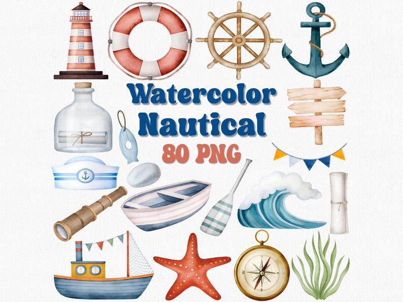 Watercolor Nautical Clipart: Ocean PNG Set (80 Files) - Etsy