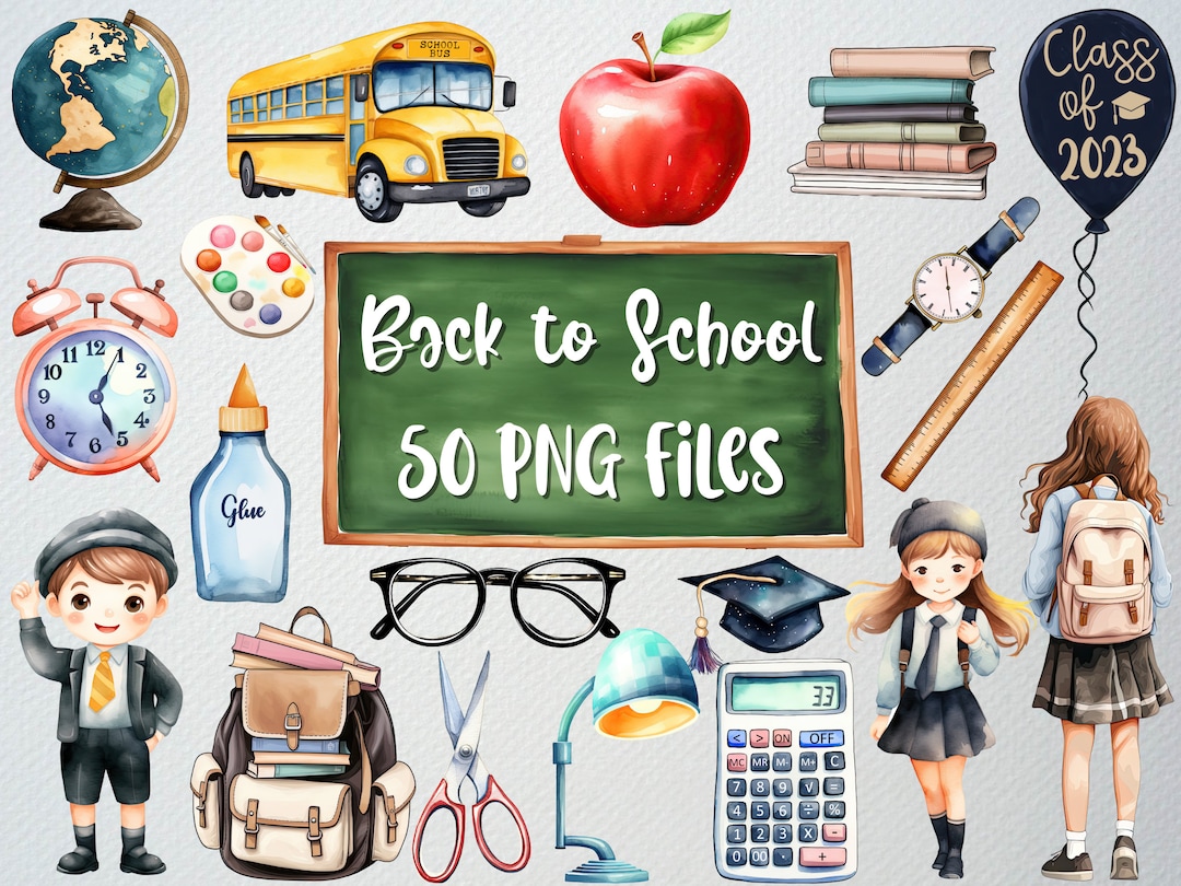 Watercolor Back to School Clipart Set of 50 PNG Files, Student Clipart ...