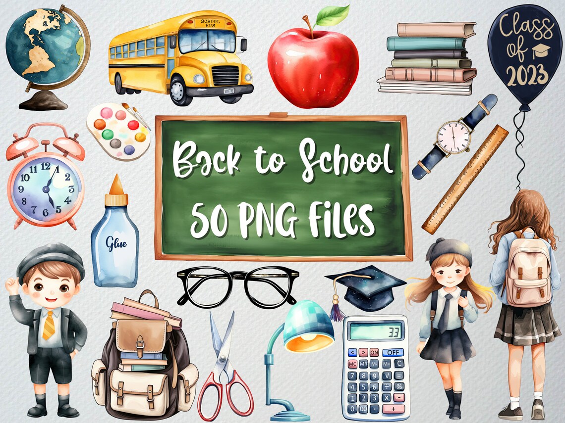 Watercolor Back to School Clipart Set of 50 PNG Files, Student Clipart ...