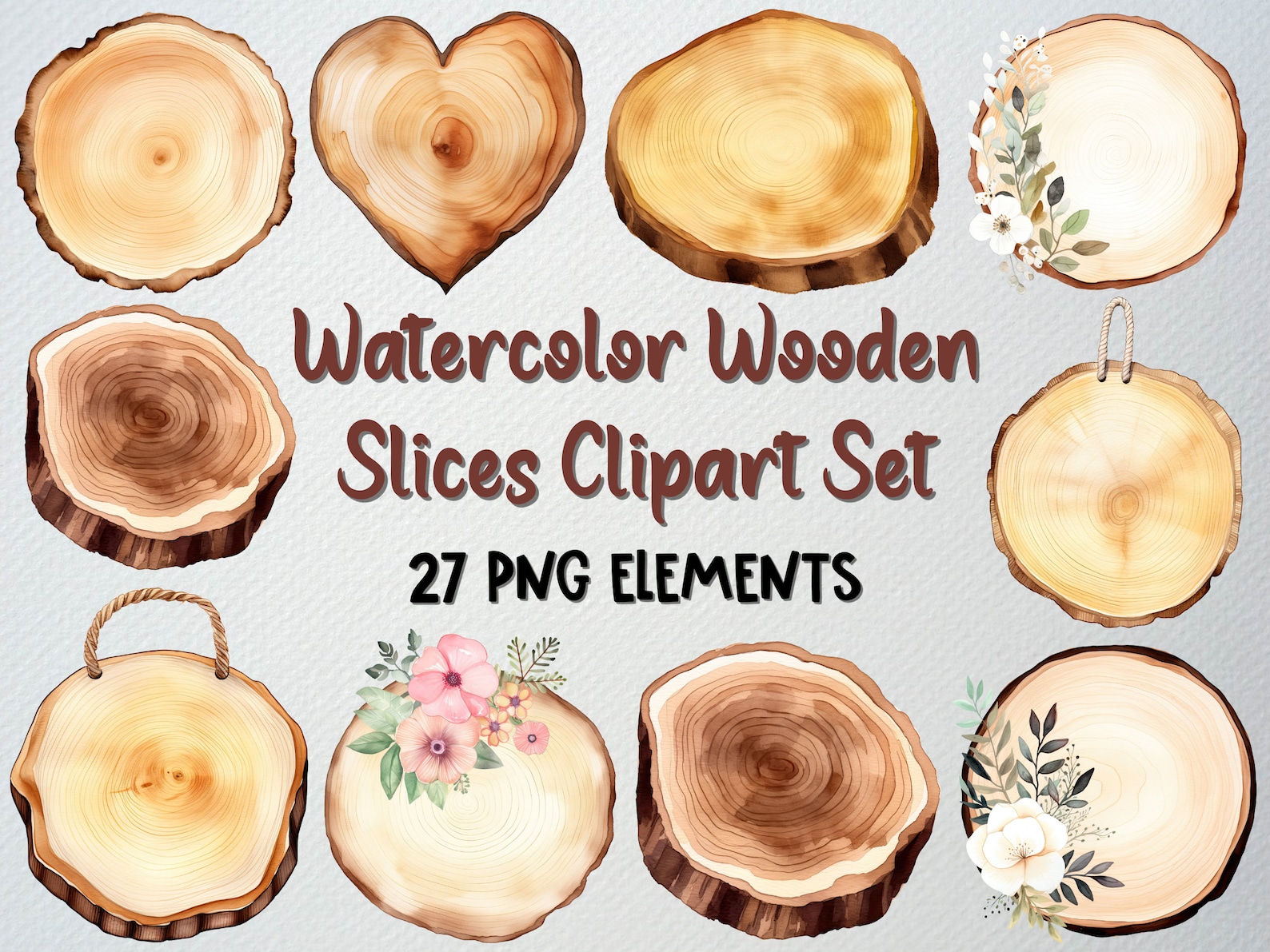 Watercolor Wooden Slices Clipart Set of 27 PNG Files, Floral Wood ...
