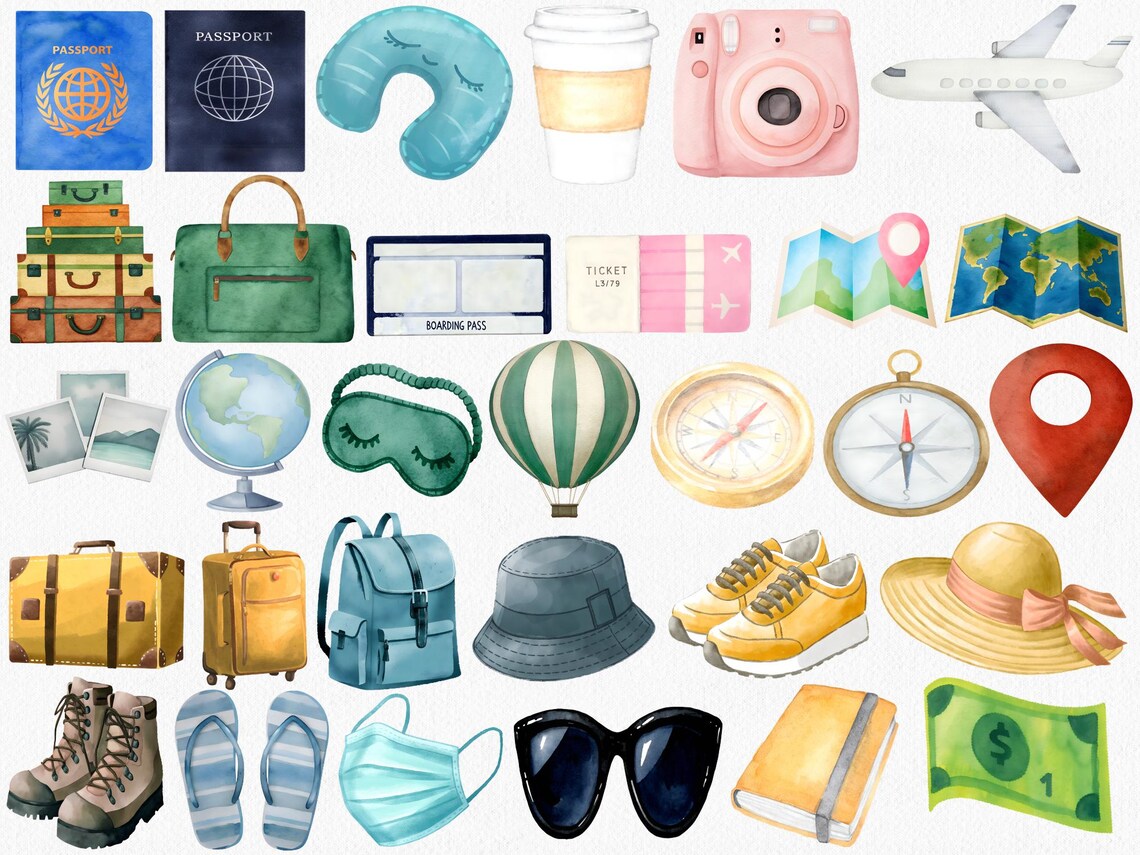 Watercolor Travel Clipart Set 56 PNG, Vacation Clipart, Adventure ...