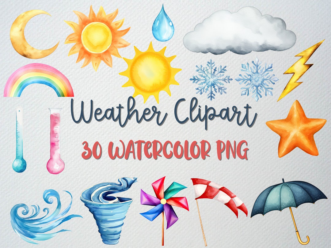 Watercolor Weather Clipart Set of 30 PNG Files, Rainbow Clipart, Cloud ...