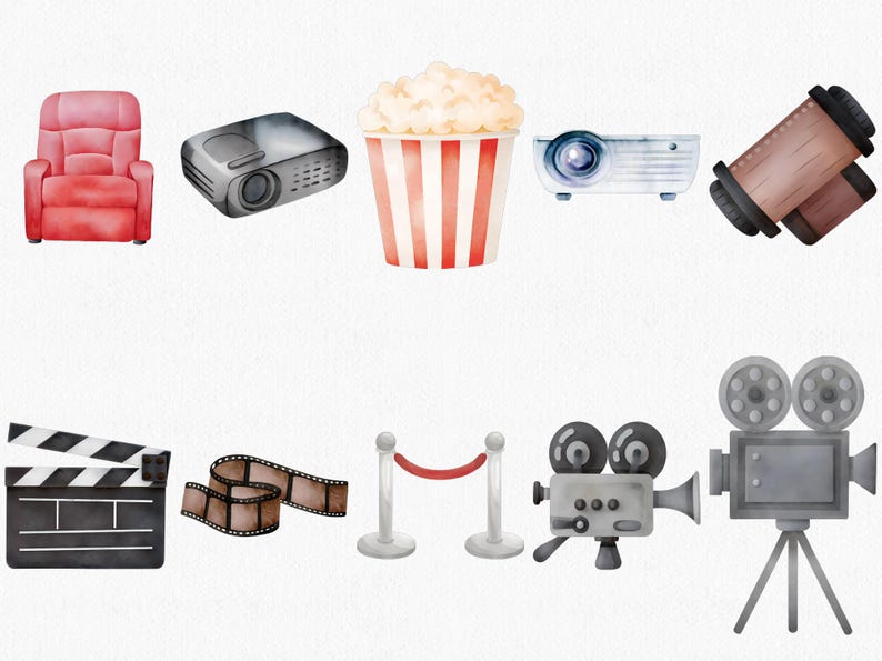 Watercolor Cinema Clipart Set: Movie Night PNG Graphics (digital ...