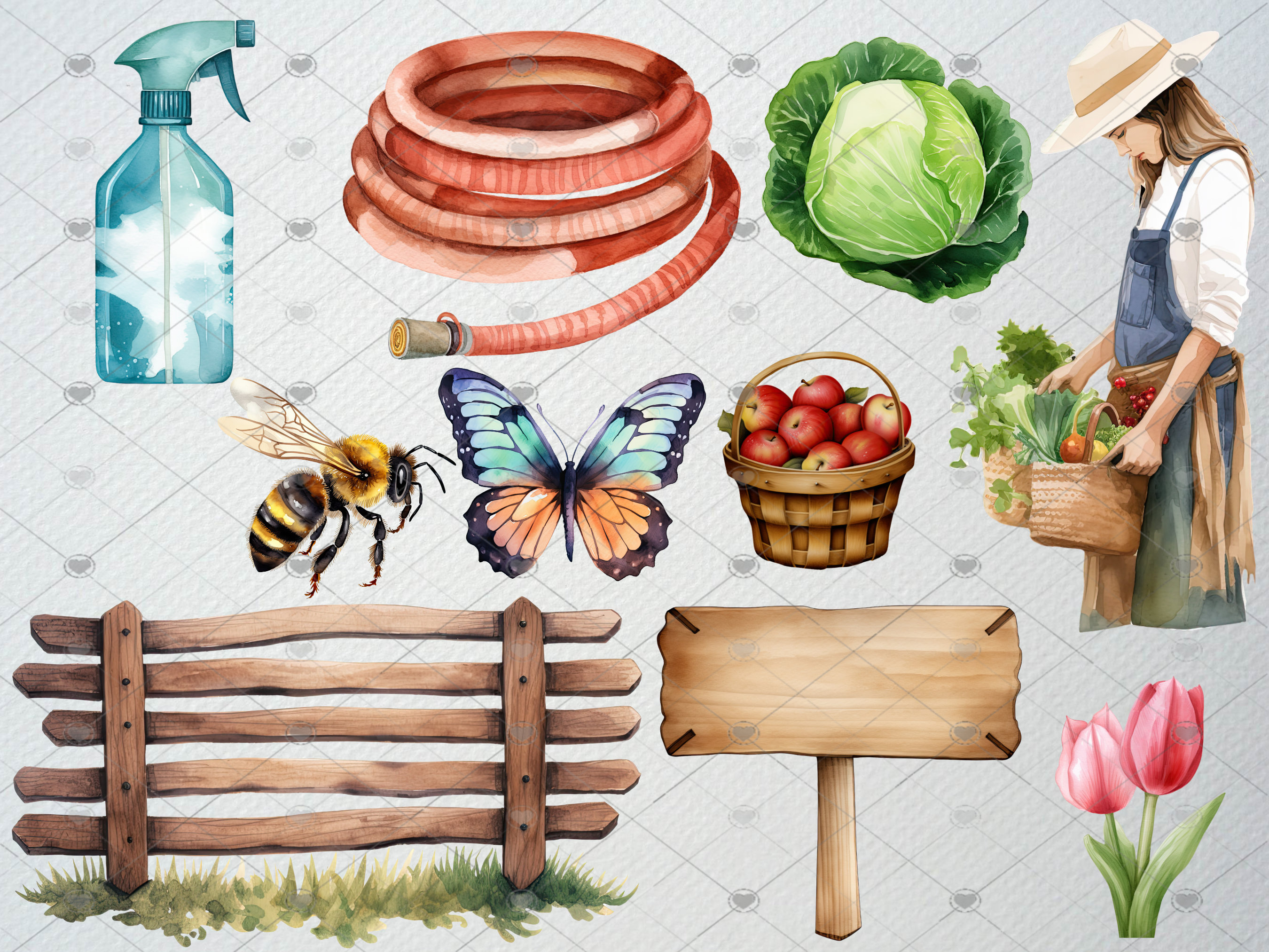 Watercolor Garden Clipart Set of 40 PNG Files, Gardening Clipart ...