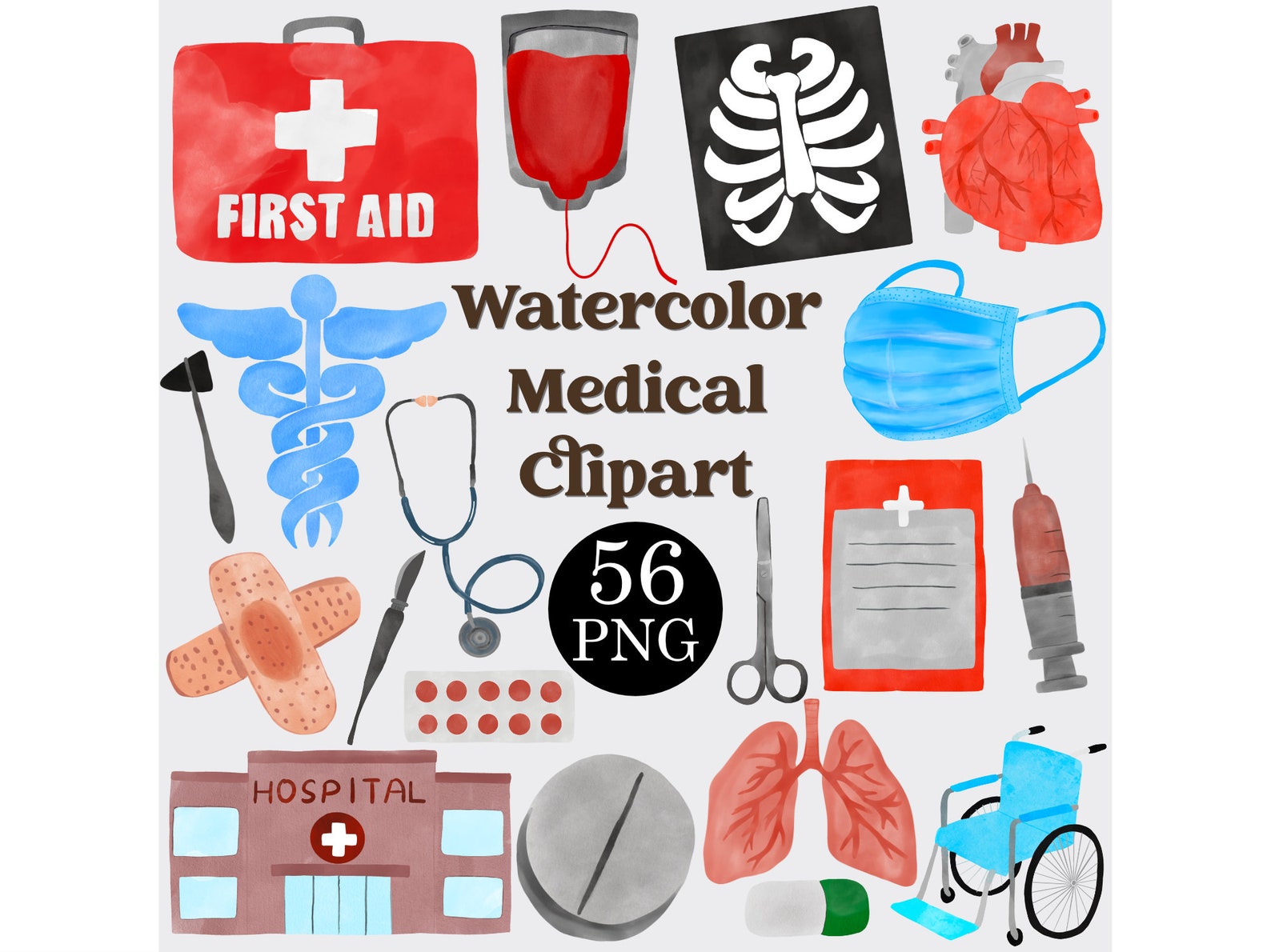 Watercolor Medical Clipart Set of 56 PNG Files, Health Clipart ...