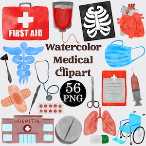 Watercolor Medical Clipart Set of 56 PNG Files, Health Clipart ...