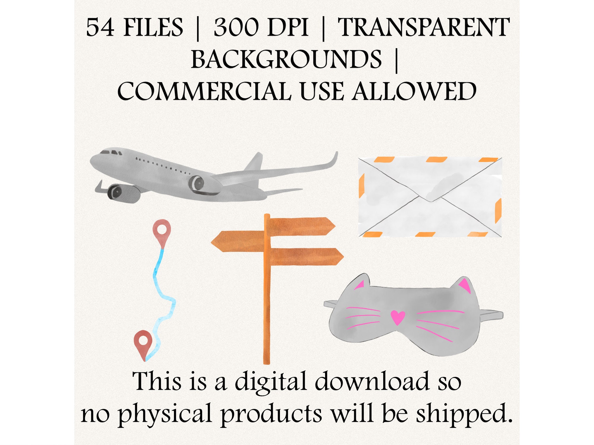 Watercolor Travel Clipart Set of 54 PNG Files, Vacation Clipart ...