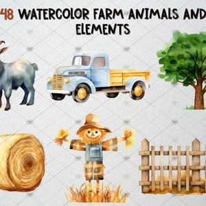 Watercolor Farm Animals Clipart Set of 48 PNG Files, Farm Clipart Set ...