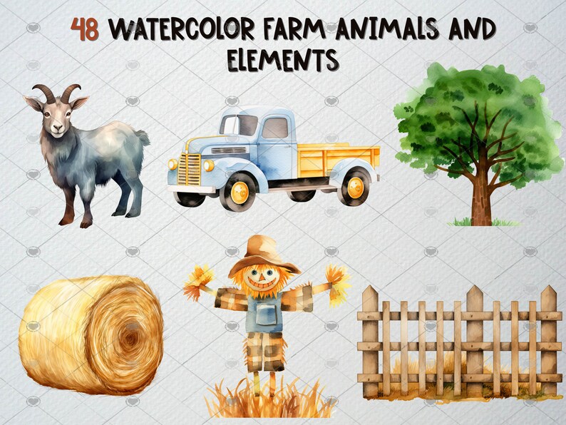 Watercolor Farm Animals Clipart Set of 48 PNG Files, Farm Clipart Set ...