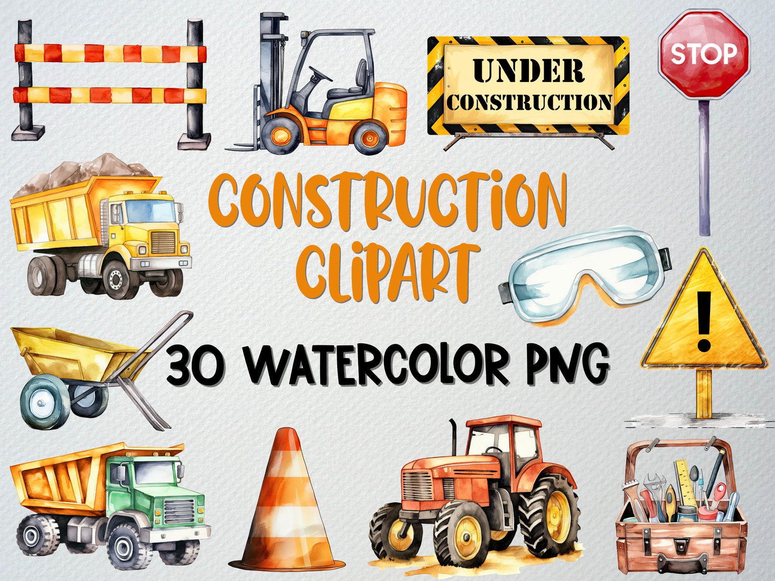 Watercolor Construction Clipart Set of 30 PNG, Truck Clipart, Bulldozer ...