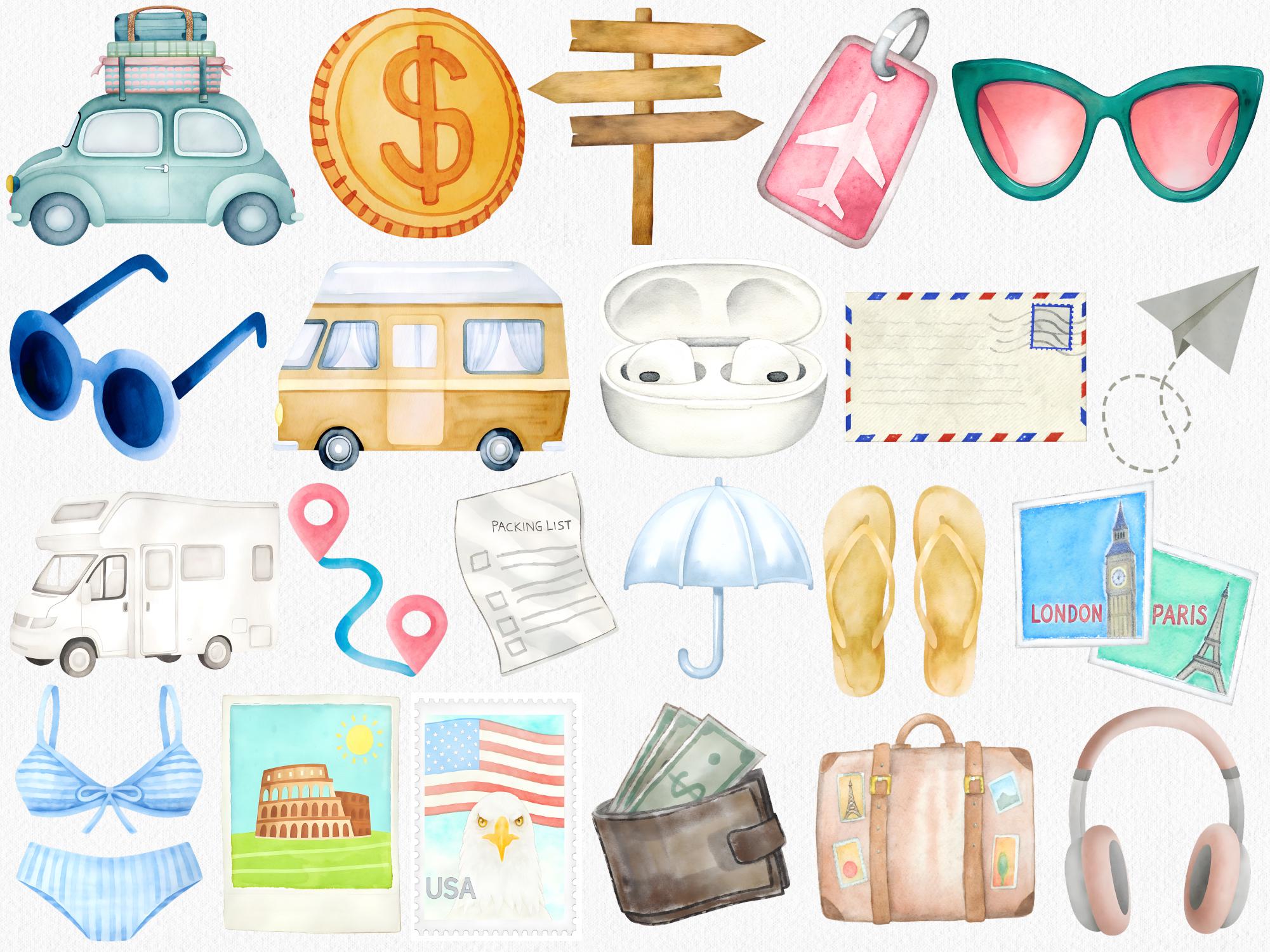 Watercolor Travel Clipart Set 56 PNG, Vacation Clipart, Adventure ...