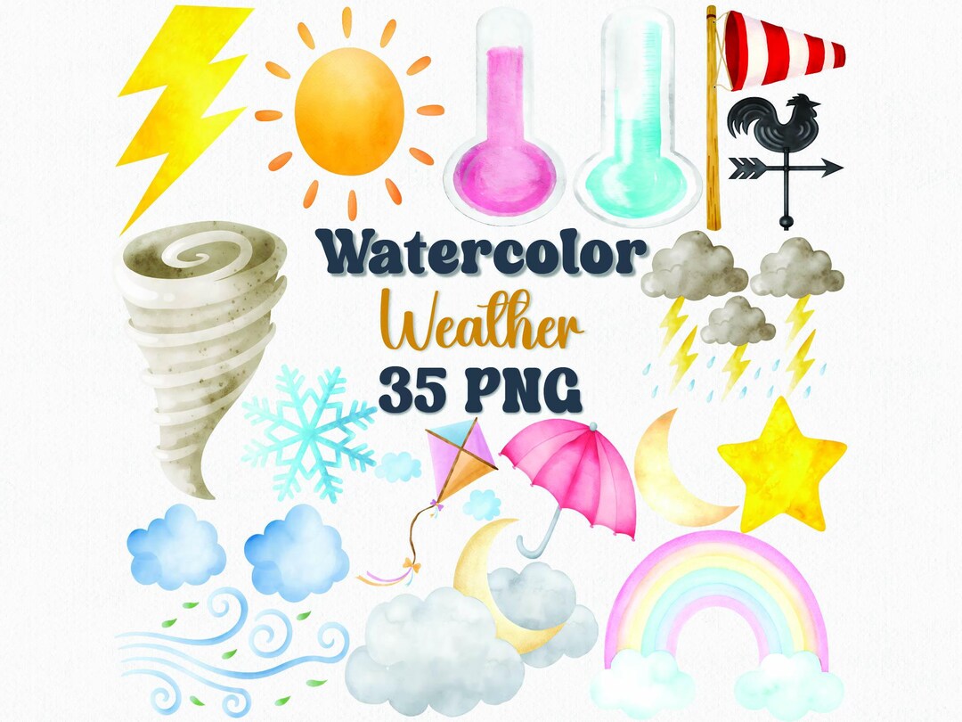 Watercolor Weather Clipart Set – 35 PNG | Cute Weather Clipart, Rainbow ...