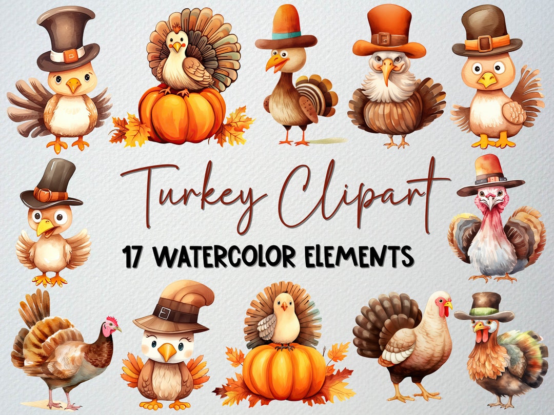 Watercolor Turkey Clipart Set of 17 PNG Files, Thanksgiving Clipart ...