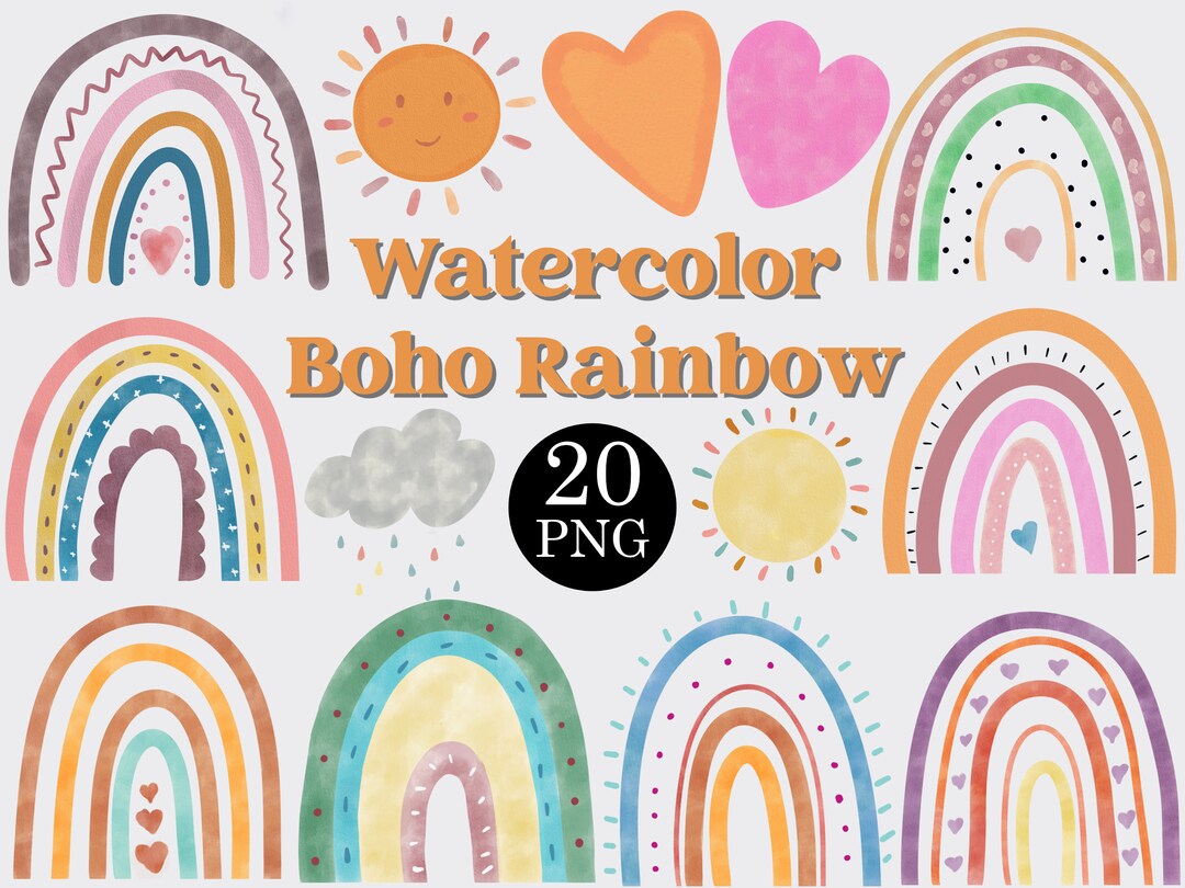 Watercolor Boho Rainbow Clipart Set, Rainbow Clipart, Baby Shower ...