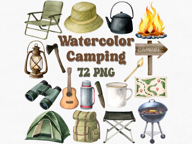 Watercolor Camping Clipart: Outdoor Adventure PNG Set (72 Files) - Etsy