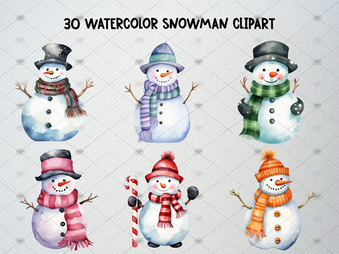 Watercolor Snowman Clipart Set of 30 PNG Files, Christmas Clipart ...