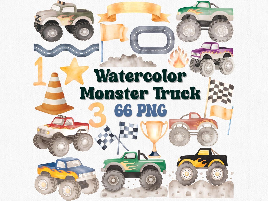 Watercolor Monster Truck Clipart Set: Party & Scrapbooking Graphics ...