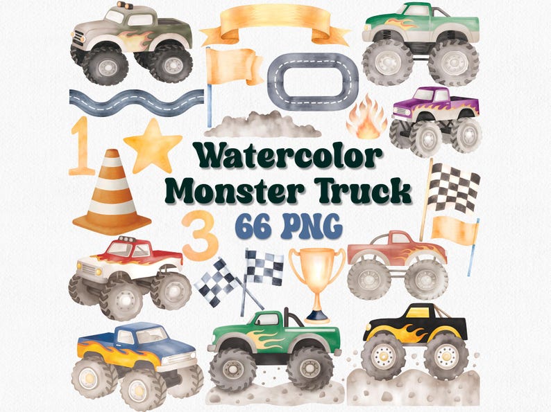 Watercolor Monster Truck Clipart Set: Party & Scrapbooking Graphics ...