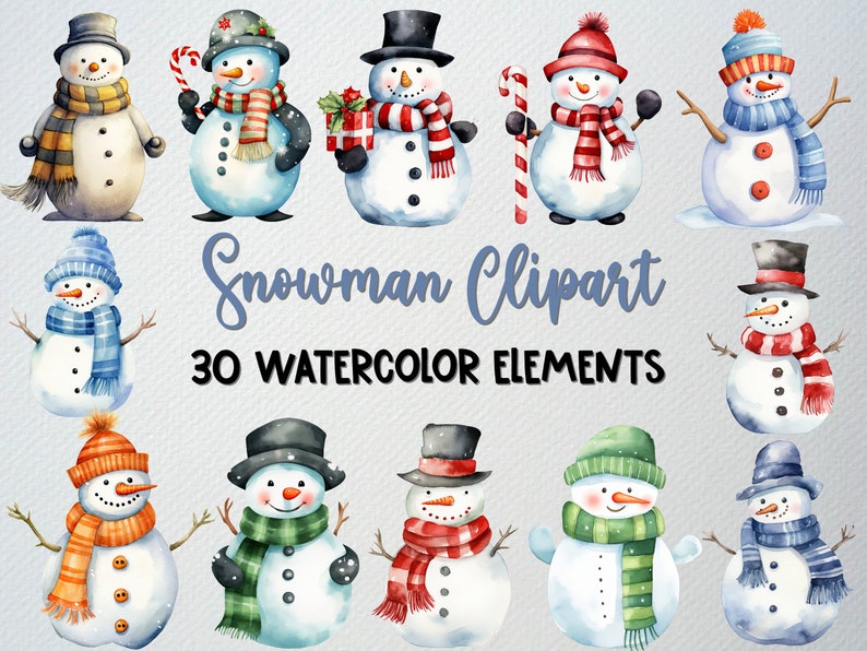 Watercolor Snowman Clipart Set of 30 PNG Files, Christmas Clipart ...