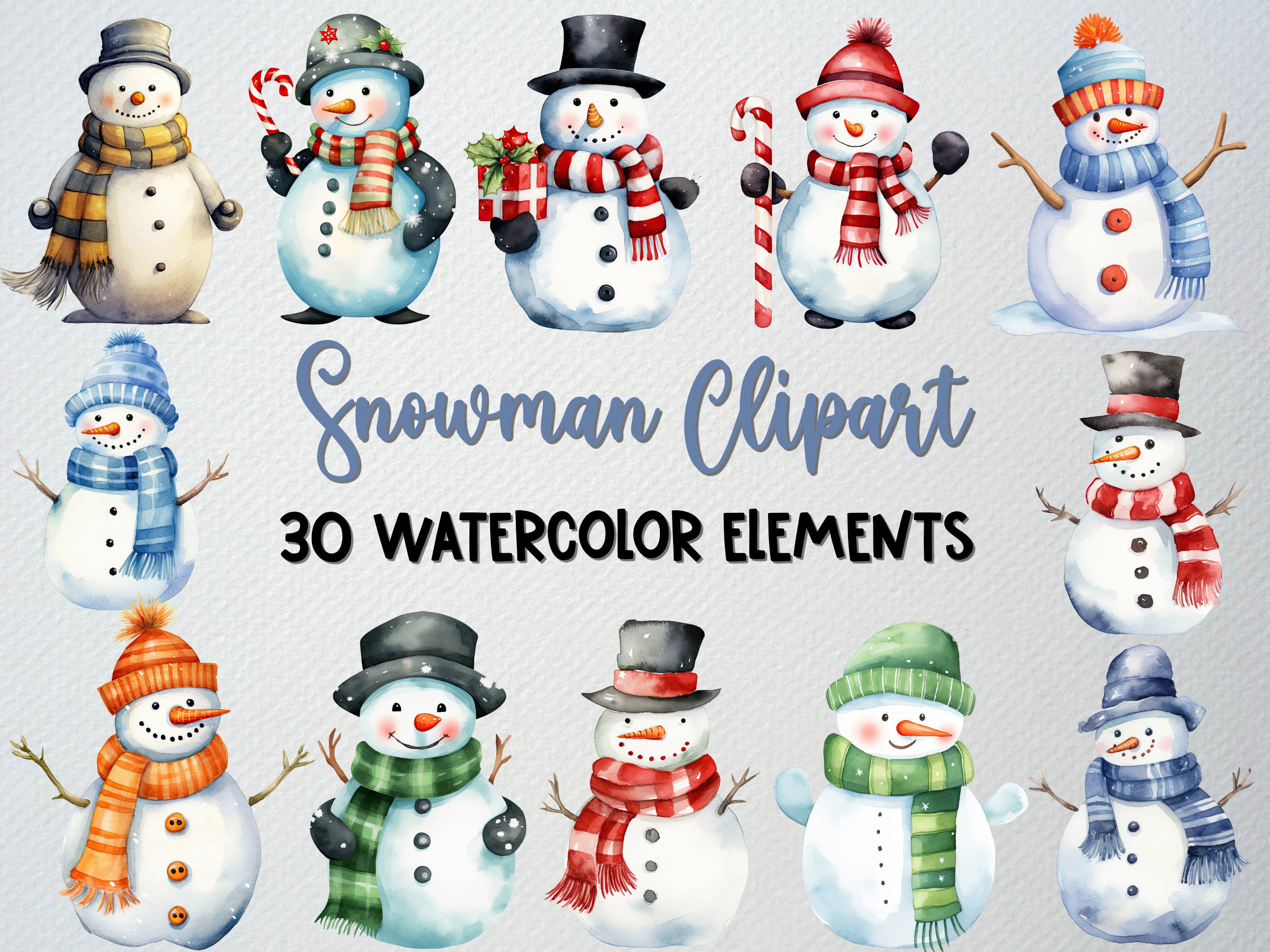 Watercolor Snowman Clipart Set of 30 PNG Files, Christmas Clipart ...