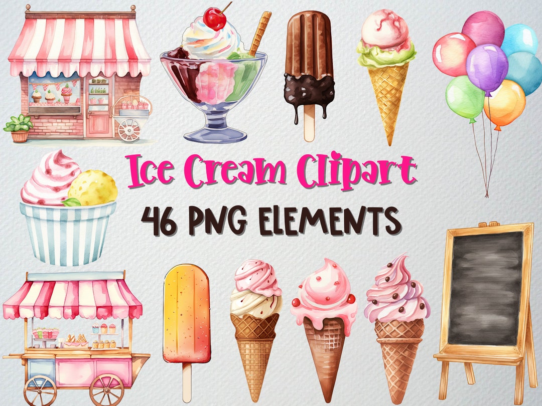 Watercolor Ice Cream Clipart Set: 46 PNG Summer Dessert Graphics ...