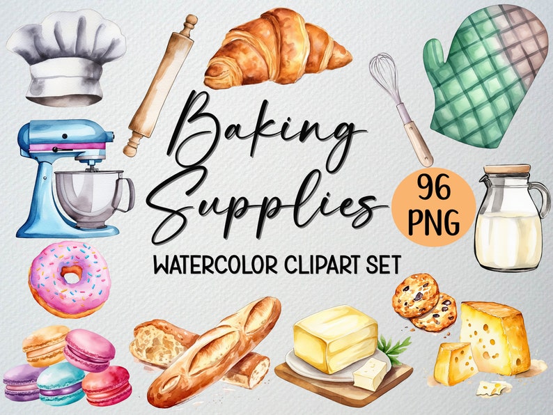 Baking Clipart Set, Watercolor Bakery Clipart, Hand Painted Clipart ...