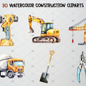 Watercolor Construction Clipart Set of 30 PNG, Truck Clipart, Bulldozer ...