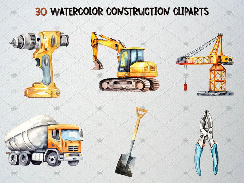 Watercolor Construction Clipart Set of 30 PNG, Truck Clipart, Bulldozer ...