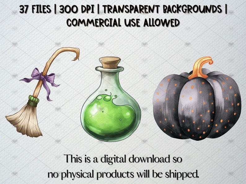 Watercolor Halloween Clipart Set of 37 PNG Files, Witch Clipart, Spooky ...