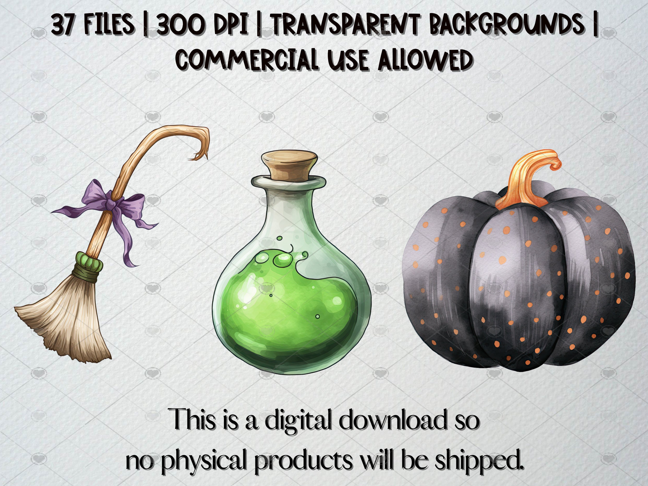 Watercolor Halloween Clipart Set of 37 PNG Files, Witch Clipart, Spooky ...