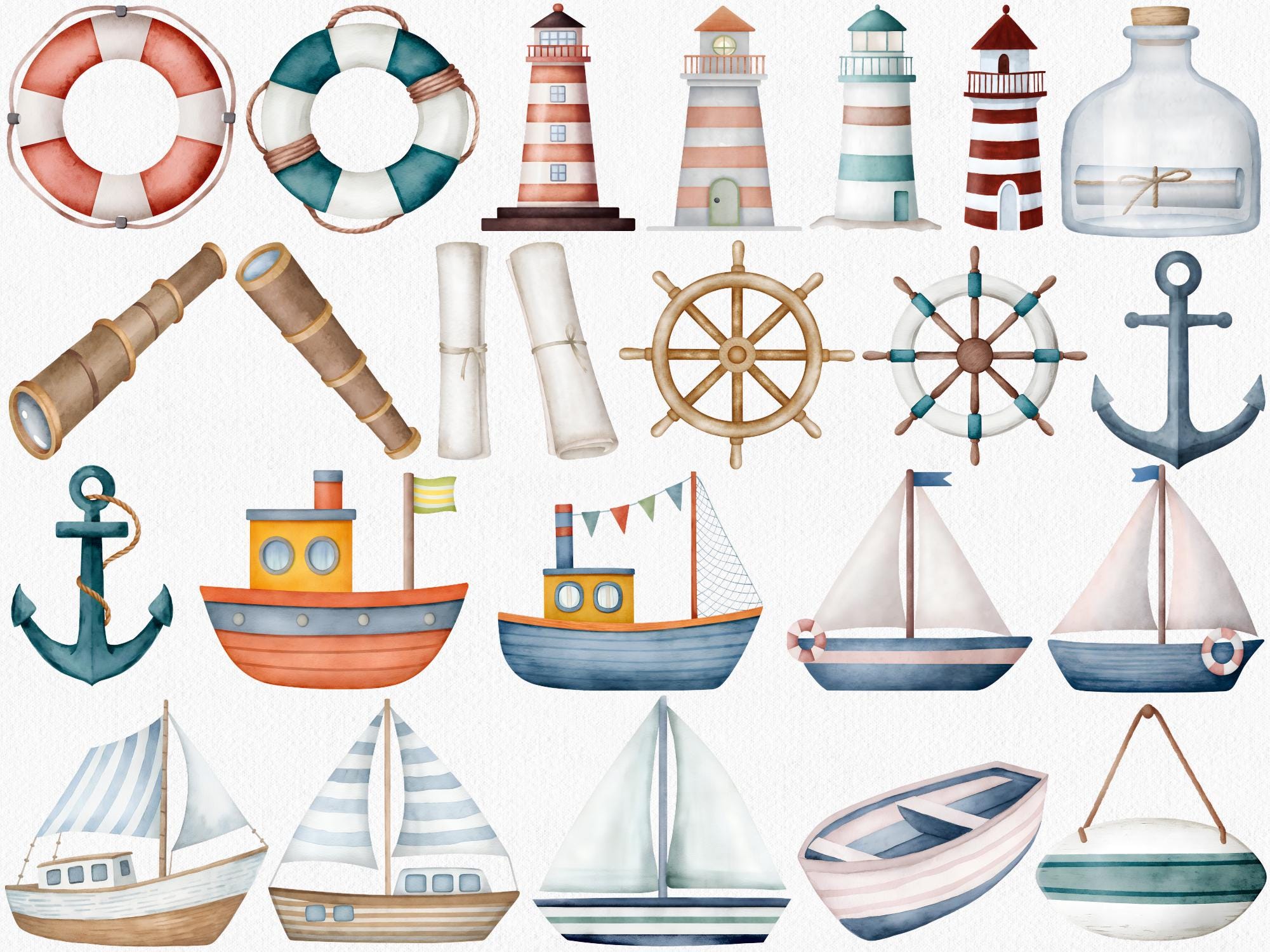 Watercolor Nautical Clipart: Ocean PNG Set (80 Files) - Etsy