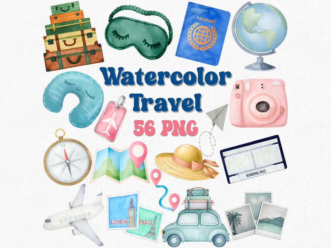 Watercolor Travel Clipart Set 56 PNG, Vacation Clipart, Adventure ...