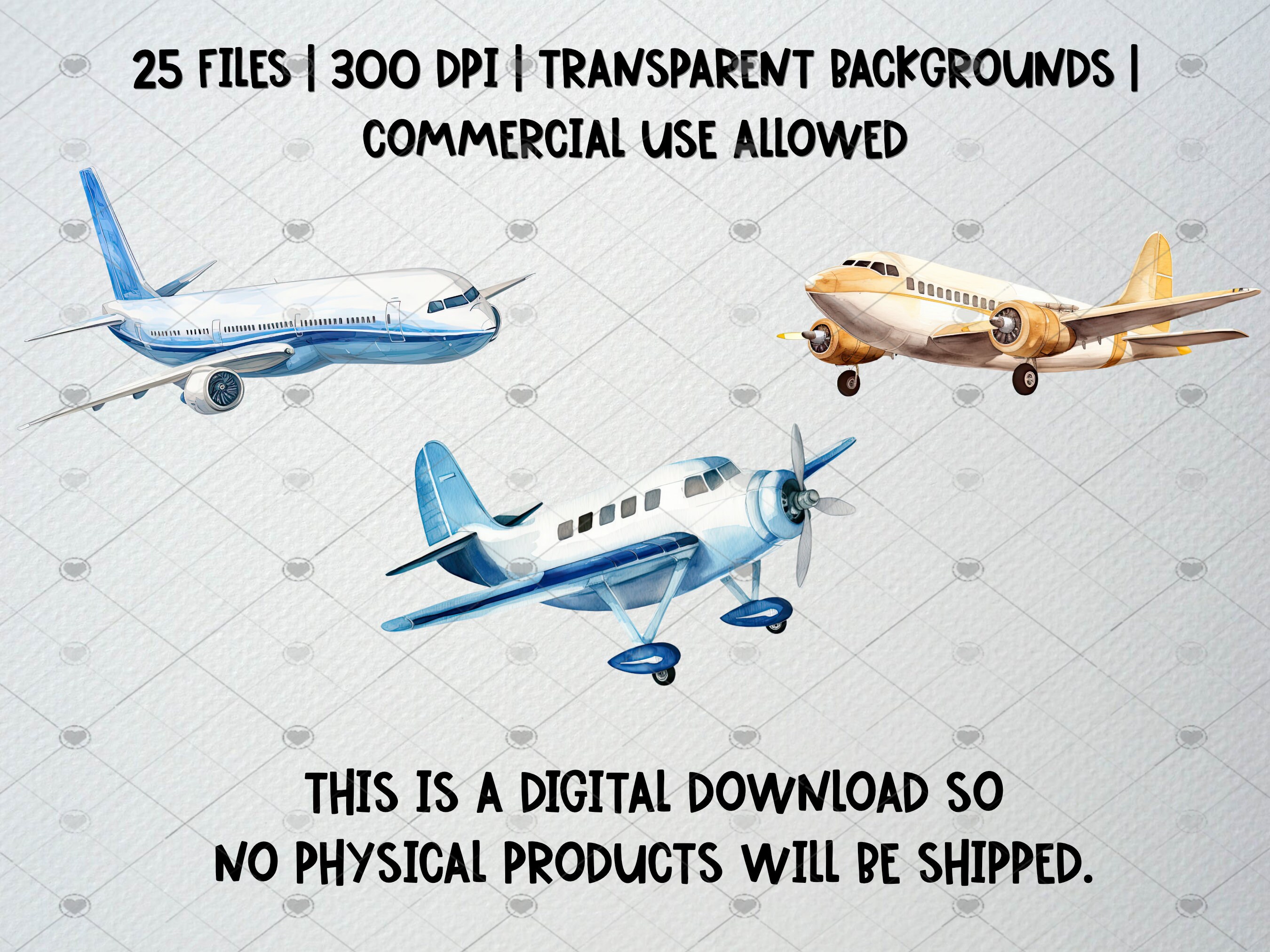 Watercolor Airplane Clipart Set: 25 PNG Transport Illustrations ...