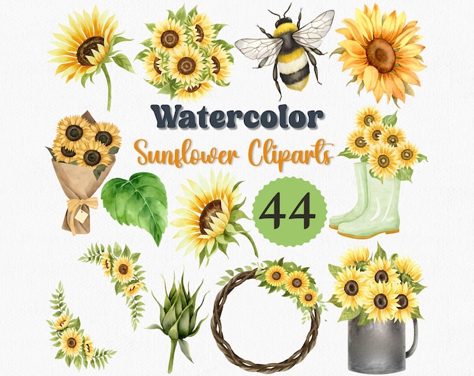 Sunflower Clipart, Sunflowers PNG, Sunflower Watercolor Clipart Pack ...