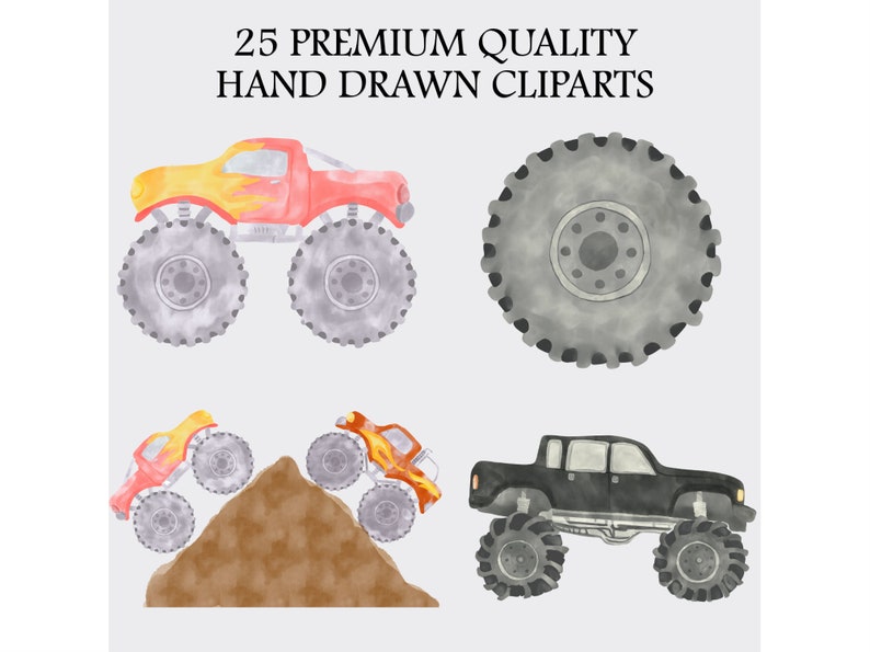 Watercolor Monster Truck Clipart Set of 25 PNG, Trucks Clipart, off ...