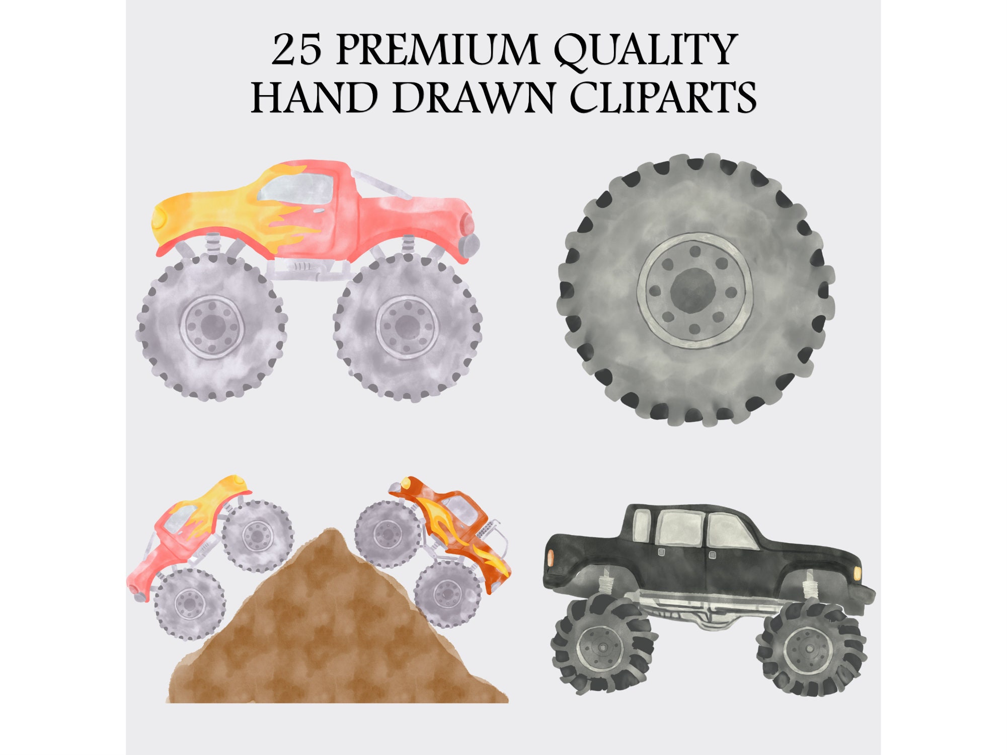 Watercolor Monster Truck Clipart Set of 25 PNG, Trucks Clipart, off ...