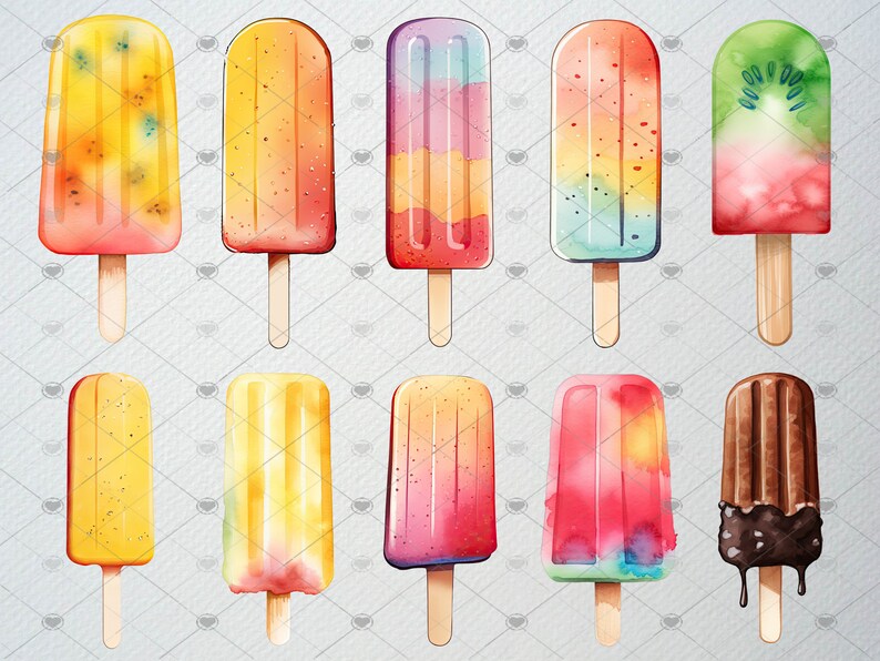 Watercolor Popsicle Clipart Set of 50 PNG Files, Ice Cream Clipart ...