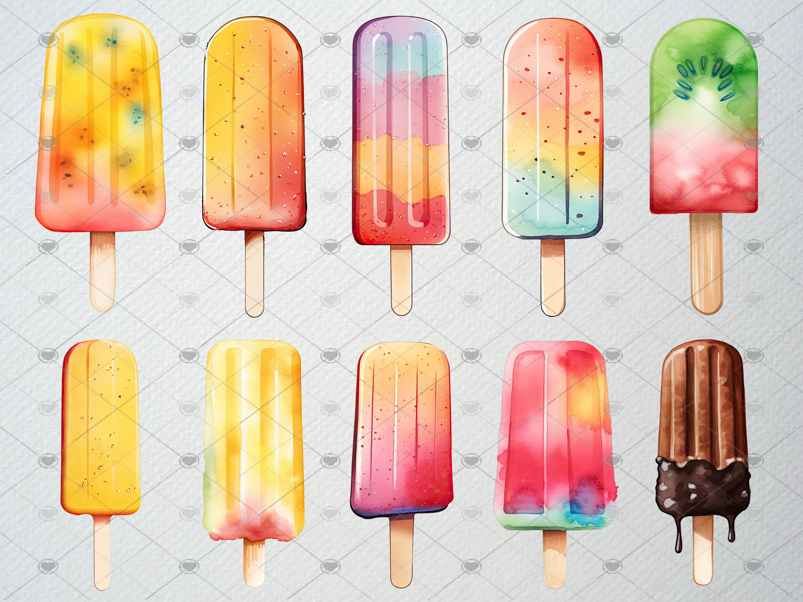 Watercolor Popsicle Clipart Set of 50 PNG Files, Ice Cream Clipart ...