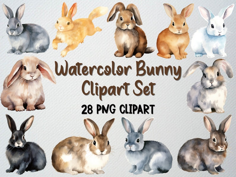 Watercolor Bunny Clipart Set of 28 PNG Files, Rabbit Clipart, Cute ...