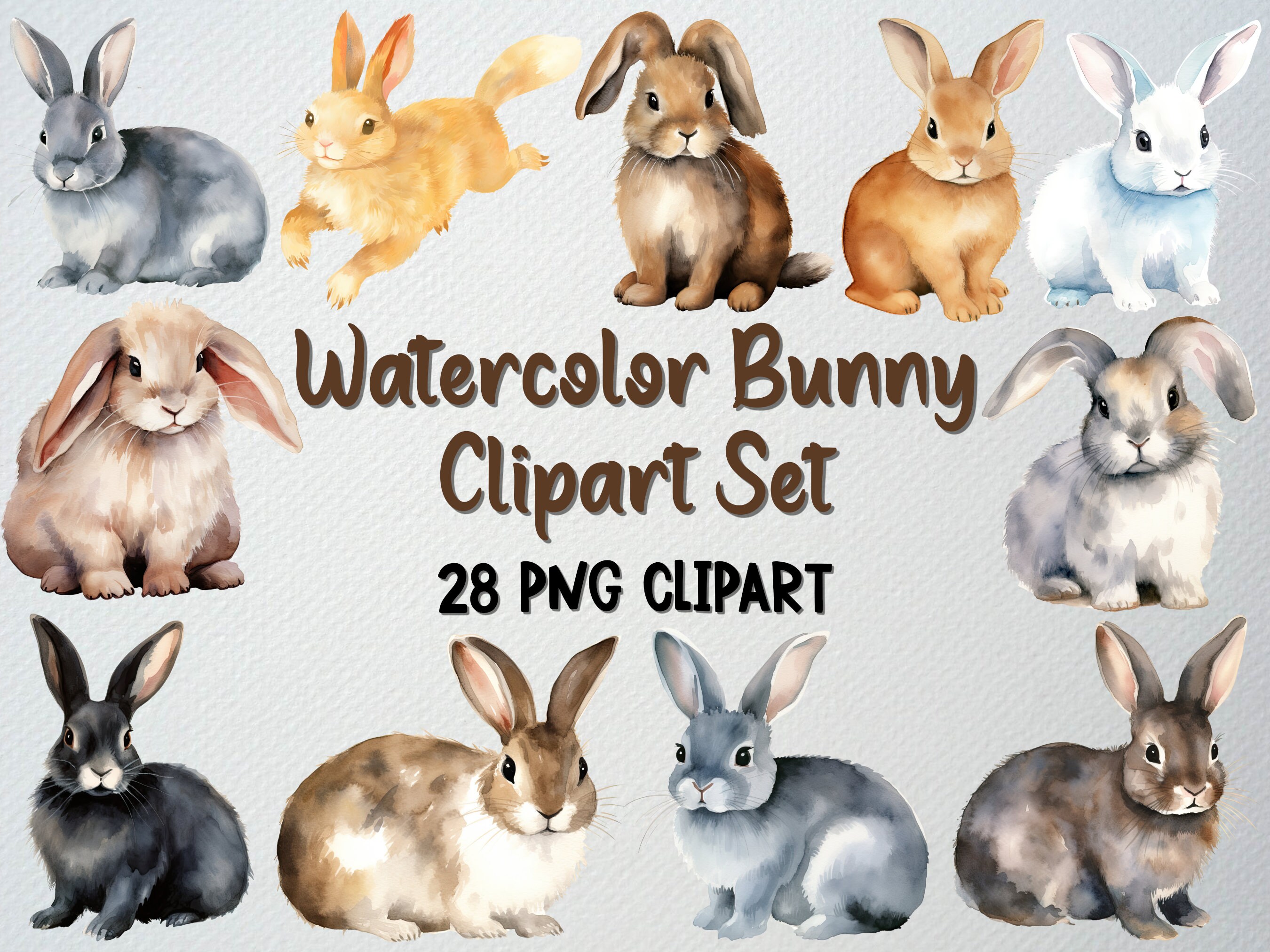 Watercolor Bunny Clipart Set of 28 PNG Files, Rabbit Clipart, Cute ...